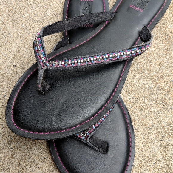 Mad Love | Shoes | Mad Love Beaded Black Leather Thong Sandals M | Poshmark